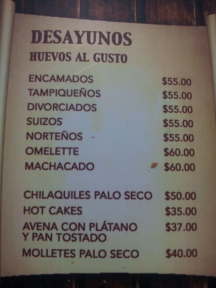 Menu at Palo seco restaurant, Reynosa