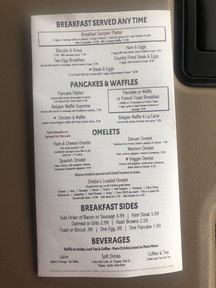Menu at Sheba's restaurant, Hope