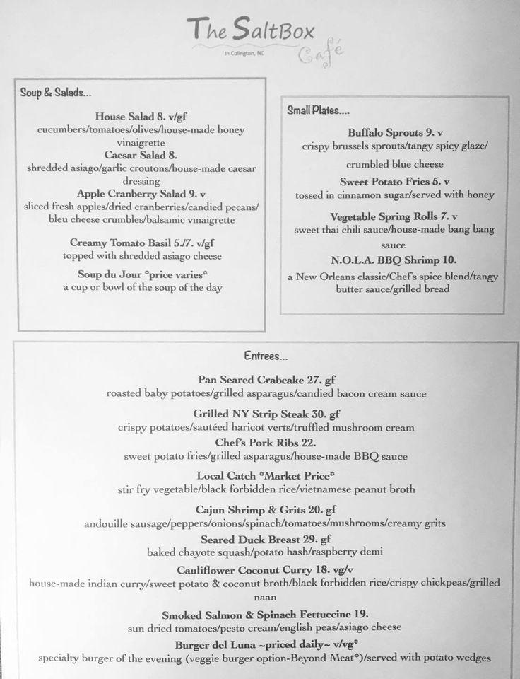Menu at The SaltBox Cafe, Kill Devil Hills
