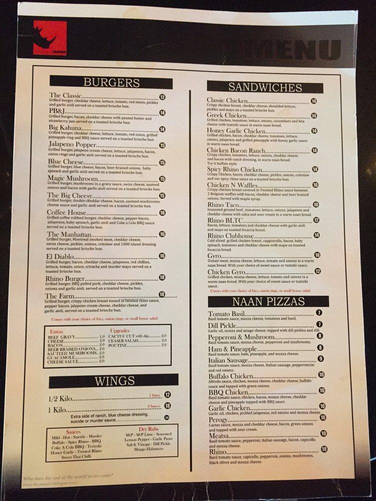 Menu at The Thirsty Rhino pub & bar, Edmonton