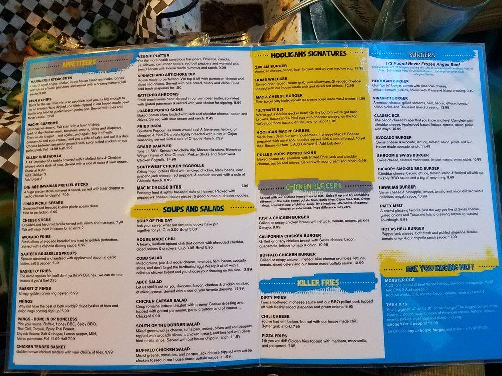 Menu at Hooligan's Sports Bar and Grill, Vancouver