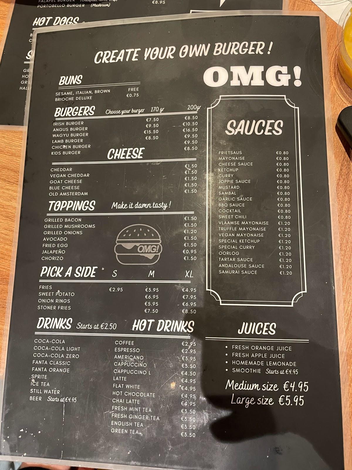 Carta de OMG! Burger, Amsterdam