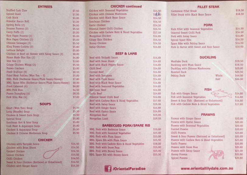 Menu at Oriental Paradise Chinese Restaurant, Lilydale