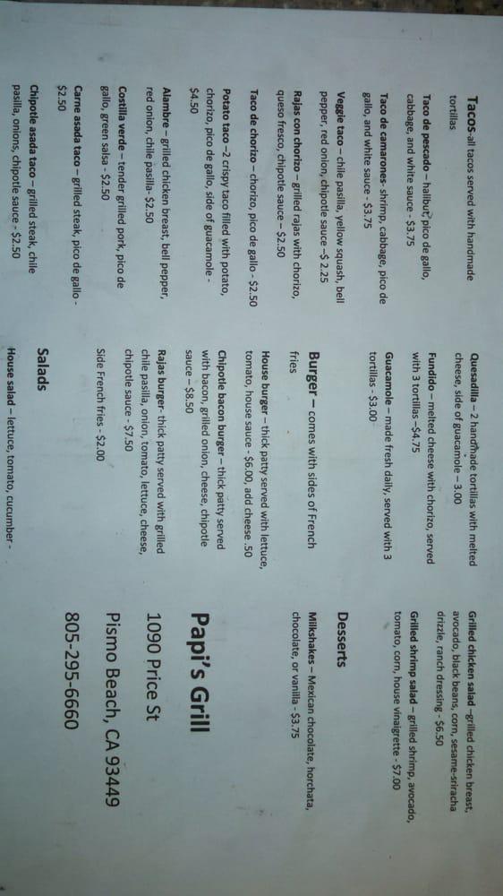 Menu at Papi's Grill restaurant, Pismo Beach