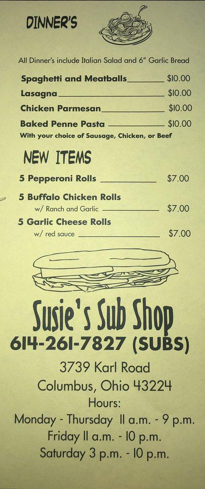 Menu at Susie's Sub Shop pizzeria, Columbus, Karl Rd