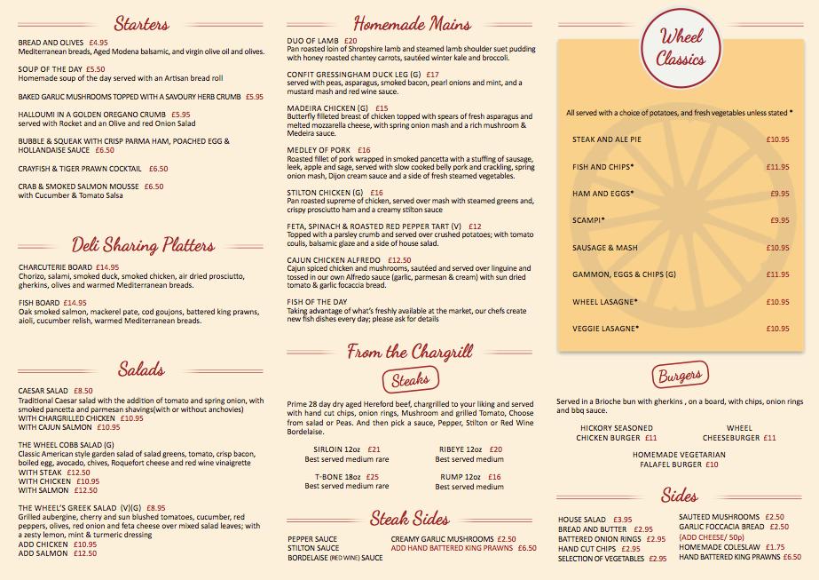 Menu at The Wheel at Worfield pub & bar, Worfield