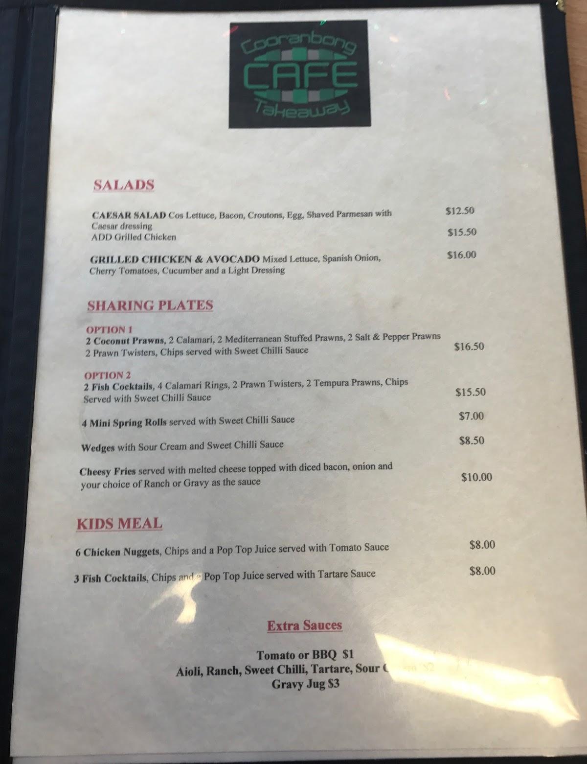 Menu at Watagans Takeaway restaurant, Cooranbong