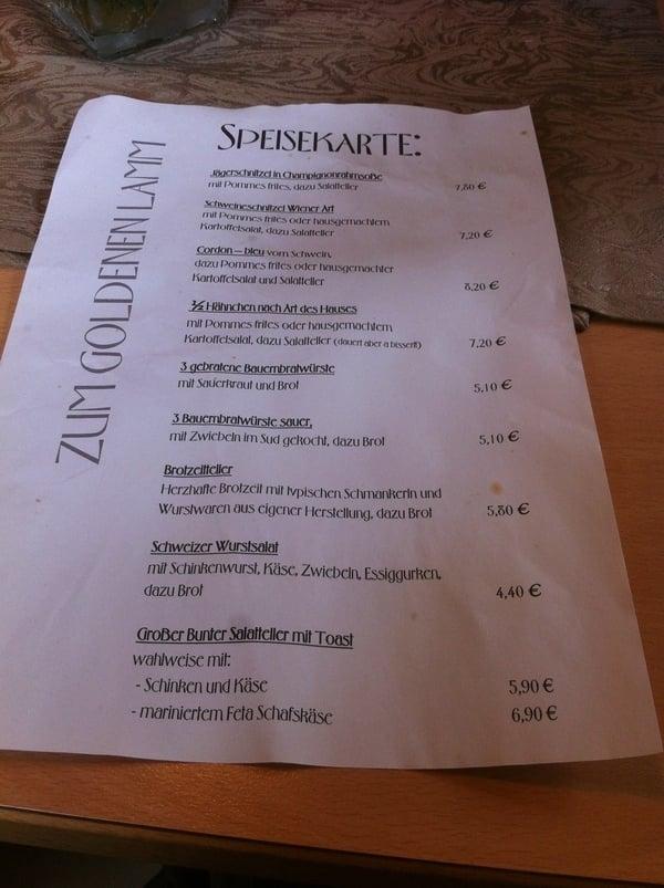 Menu at Zum goldenen Lamm restaurant, Allersberg