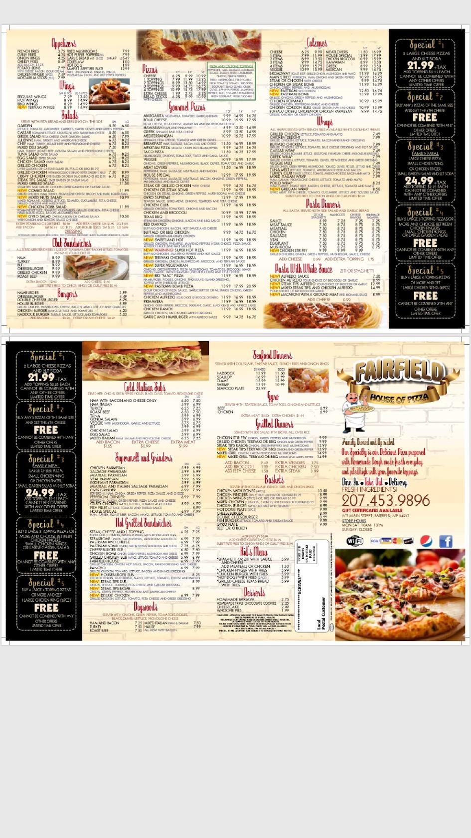 Menu at Fairfield House of Pizza pizzeria, Fairfield, 207 Main St