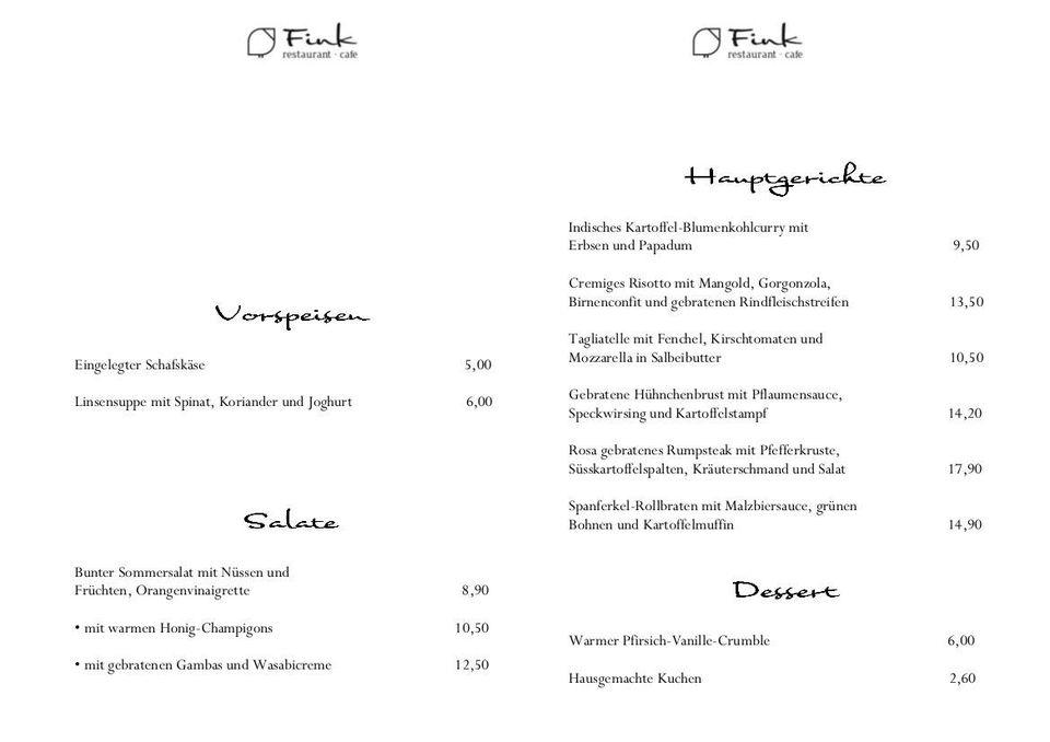 Speisekarte von Fink - restaurant cafe, Köln, Siebachstraße 50