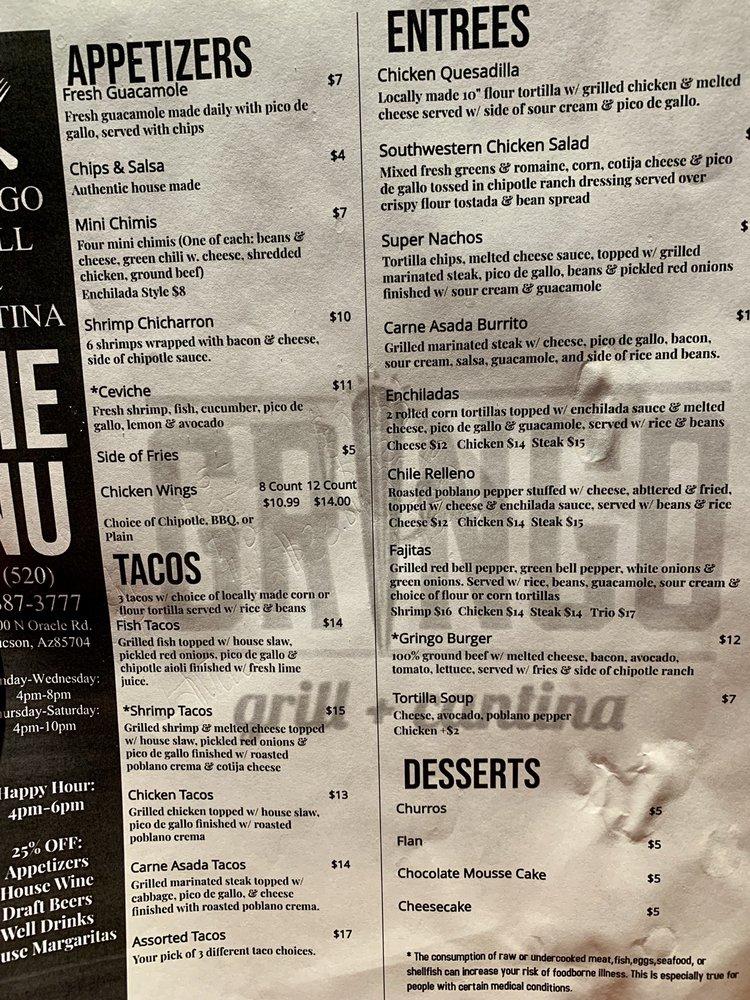 Menu at GRINGO grill + cantina pub & bar, Tucson