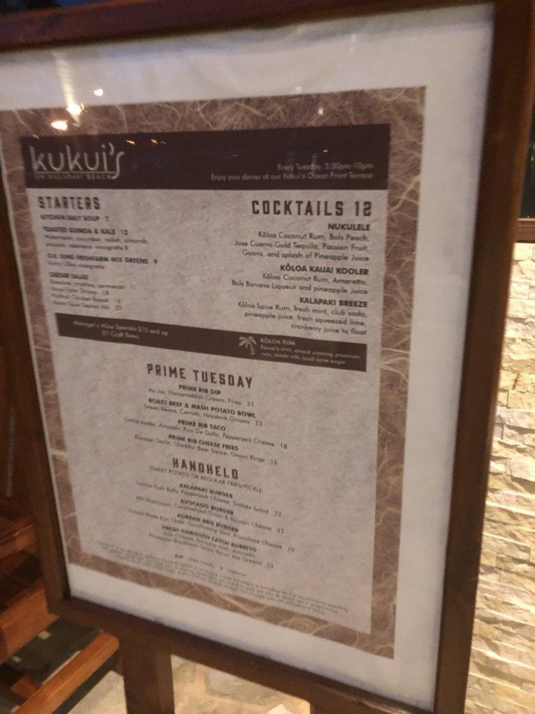 Menu at Kukui's on Kalapaki Beach restaurant, Lihue