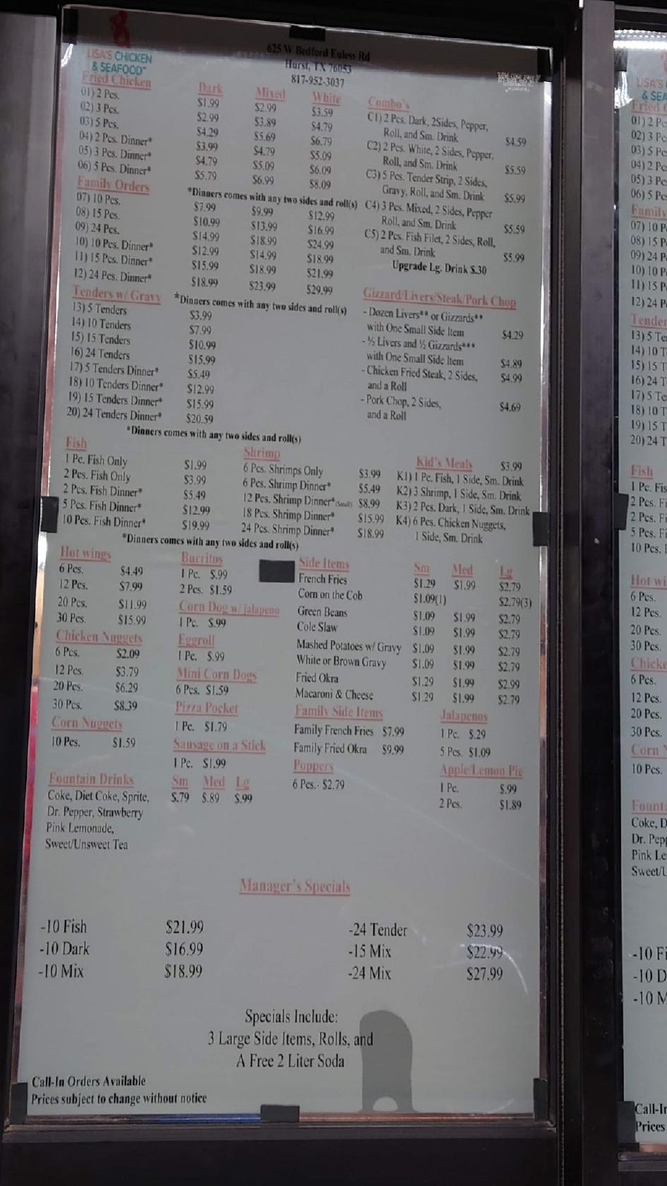 Menu at Lisa's Chicken #23 restaurant, Hurst, 625 W Bedford Euless Rd