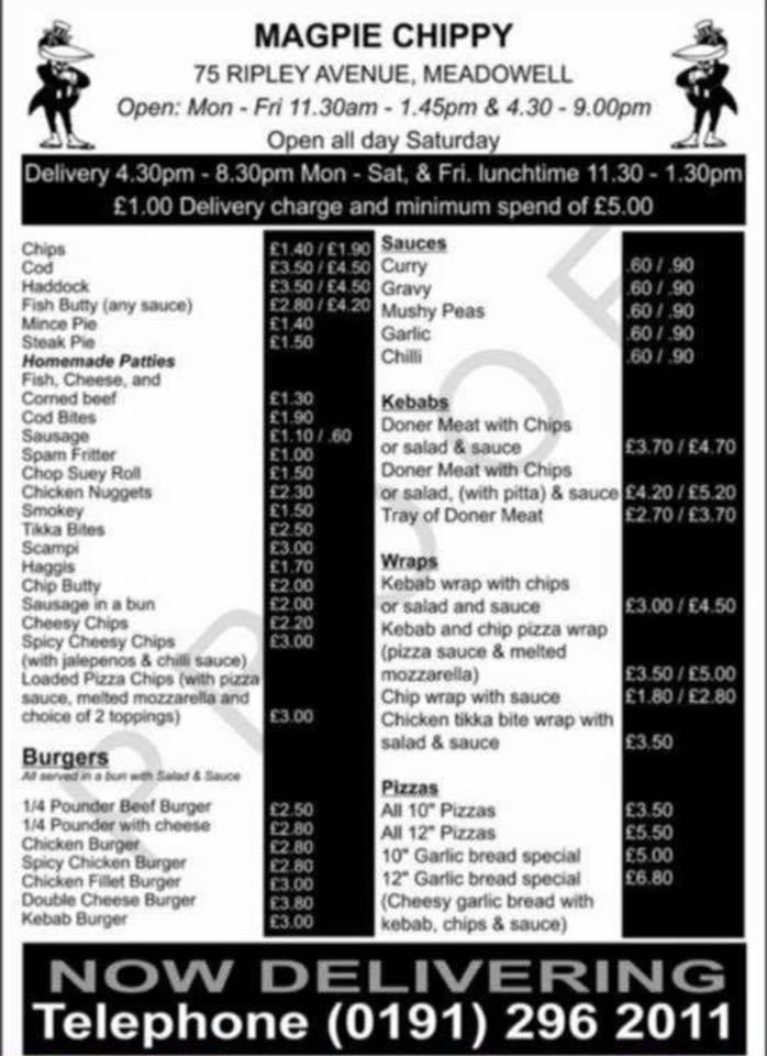 Menu at Magpie Chippy fast food, North Shields