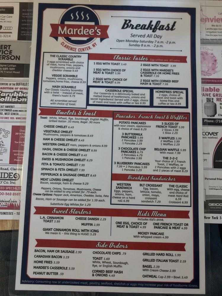 Menu at Mardee's restaurant, Clarence Center