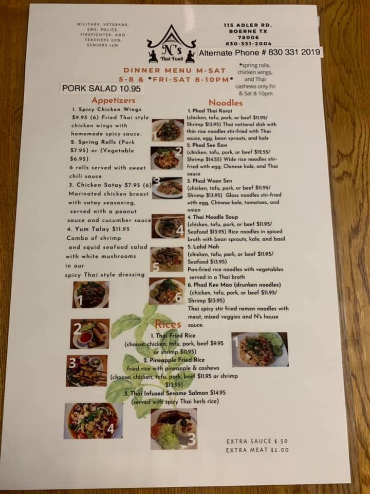 Menu at N's Thai Food restaurant, Boerne
