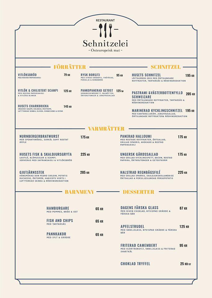 Menu at Schnitzelei restaurant, Stockholm