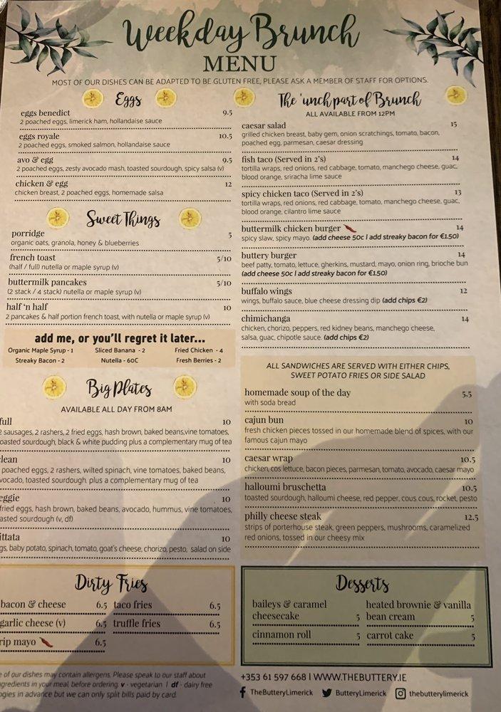 Menu at The Buttery, Bedford Row cafe, Limerick