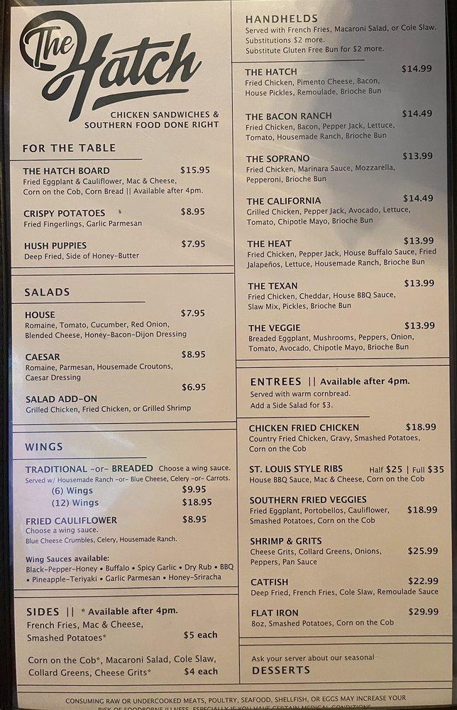 Menu at The Hatch restaurant, Roanoke