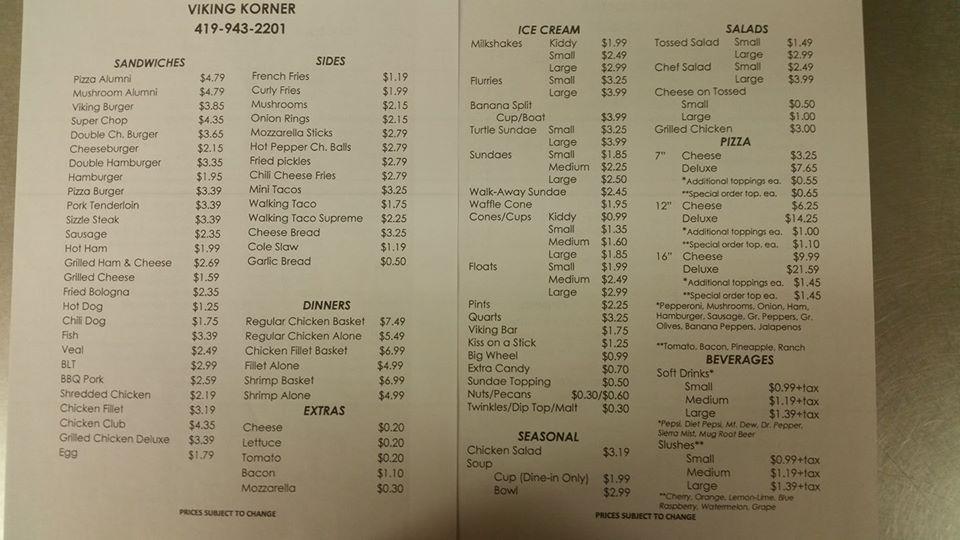 Menu at Viking Korner restaurant, Leipsic