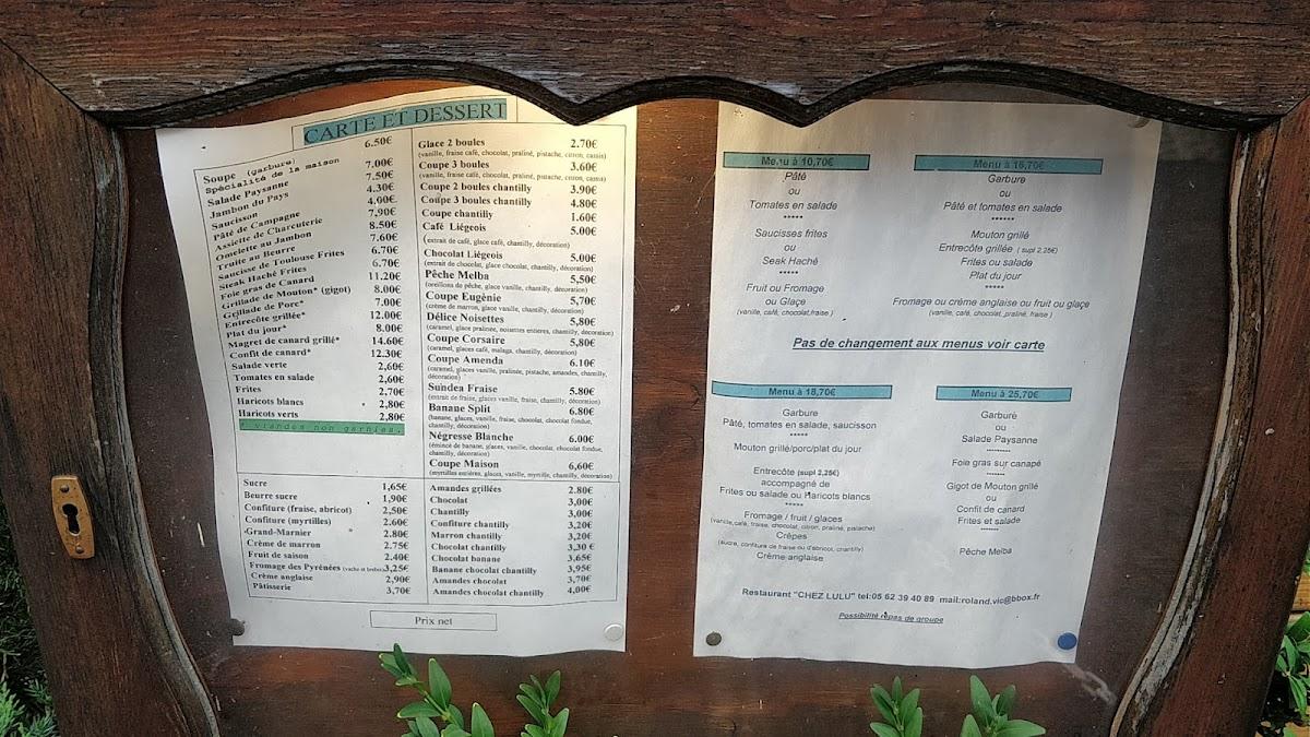 Menu at Chez Lulu restaurant, Sailhan, 2 Route d'ens