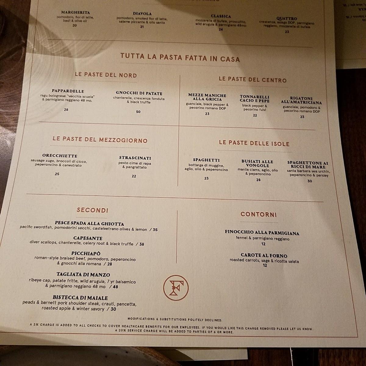 Menu at Felix Trattoria pub & bar, Culver City, Abbot Kinney Blvd
