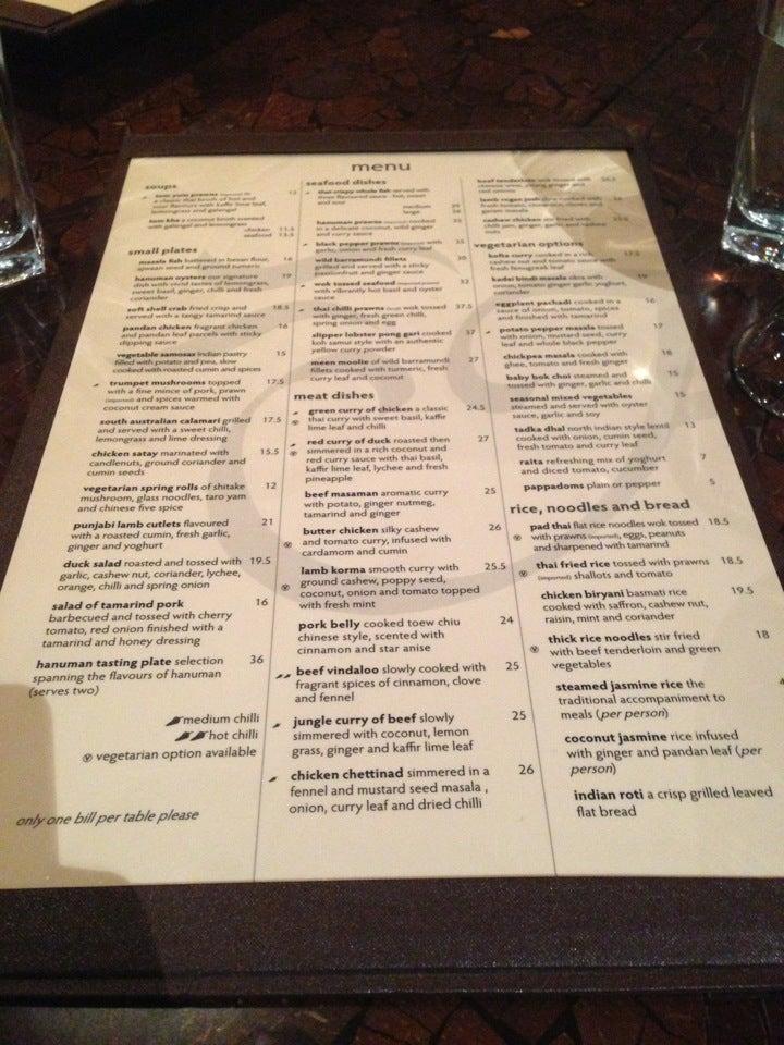 Menu at Hanuman restaurant, Alice Springs, 82 Barrett Dr