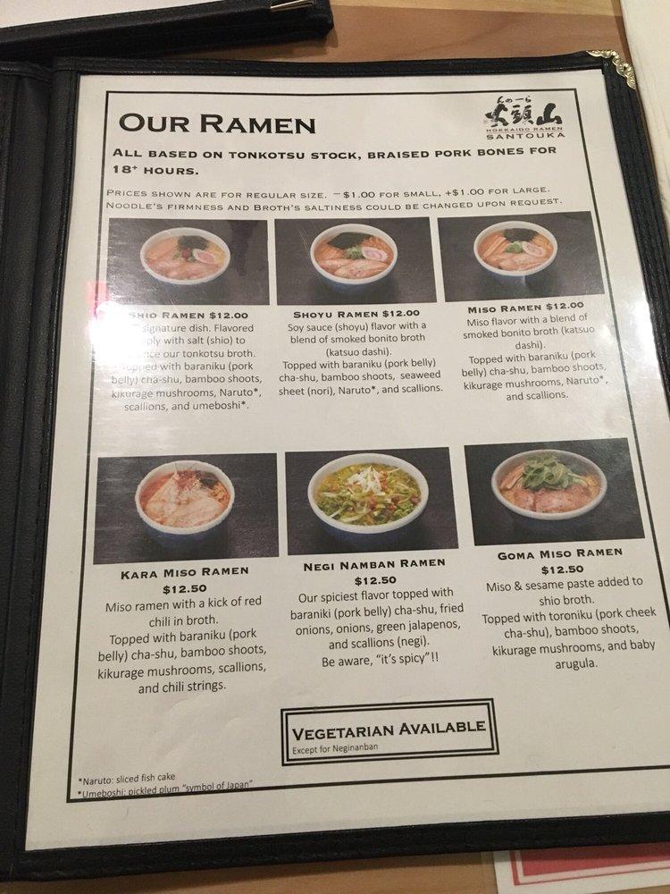 Menu at Hokkaido Ramen Santouka restaurant, Seattle, NE Village Ln