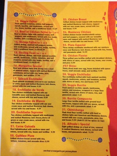 Menu at Las Margaritas restaurant, Center