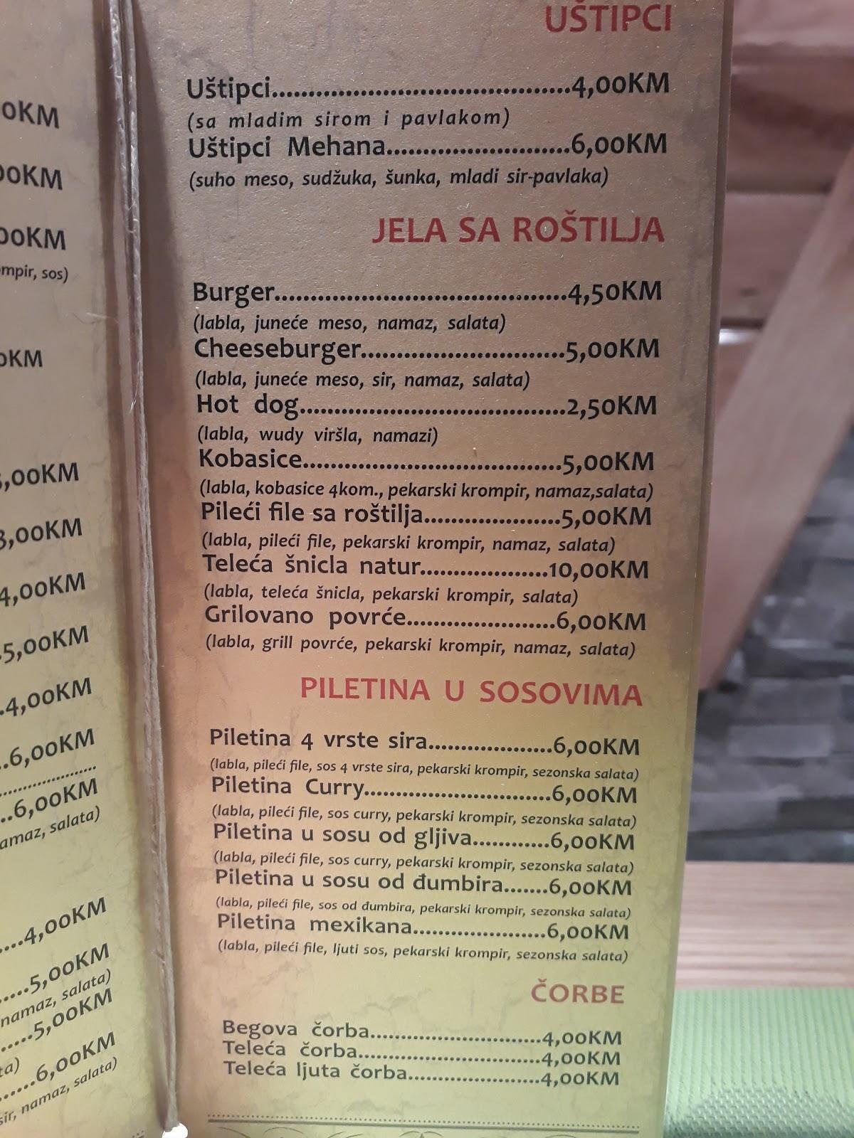 Menu at Mehana Food restaurant, Sarajevo