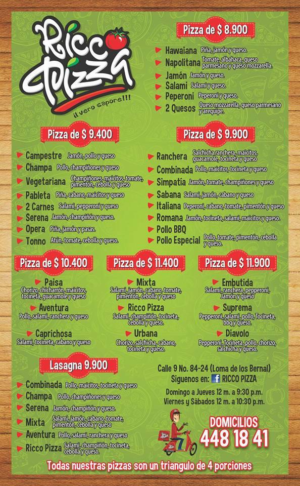 Menu at Ricco Pizza restaurant, Medellín