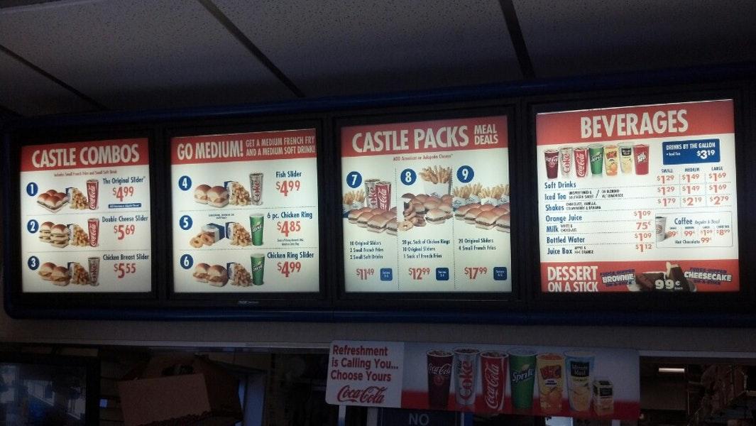 Menu at White Castle fast food, Louisville, National Turnpike
