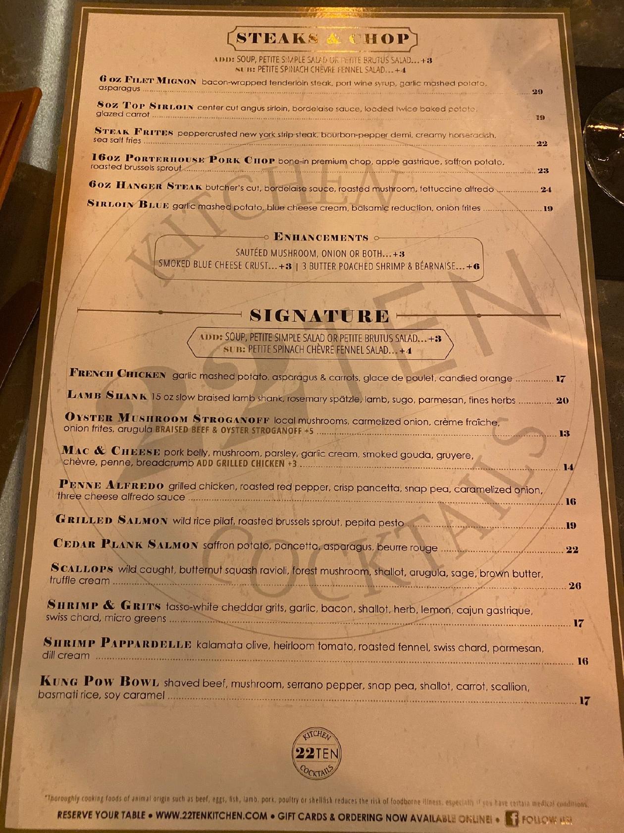 Menu at 22TEN Kitchen Cocktails restaurant, Sioux Falls