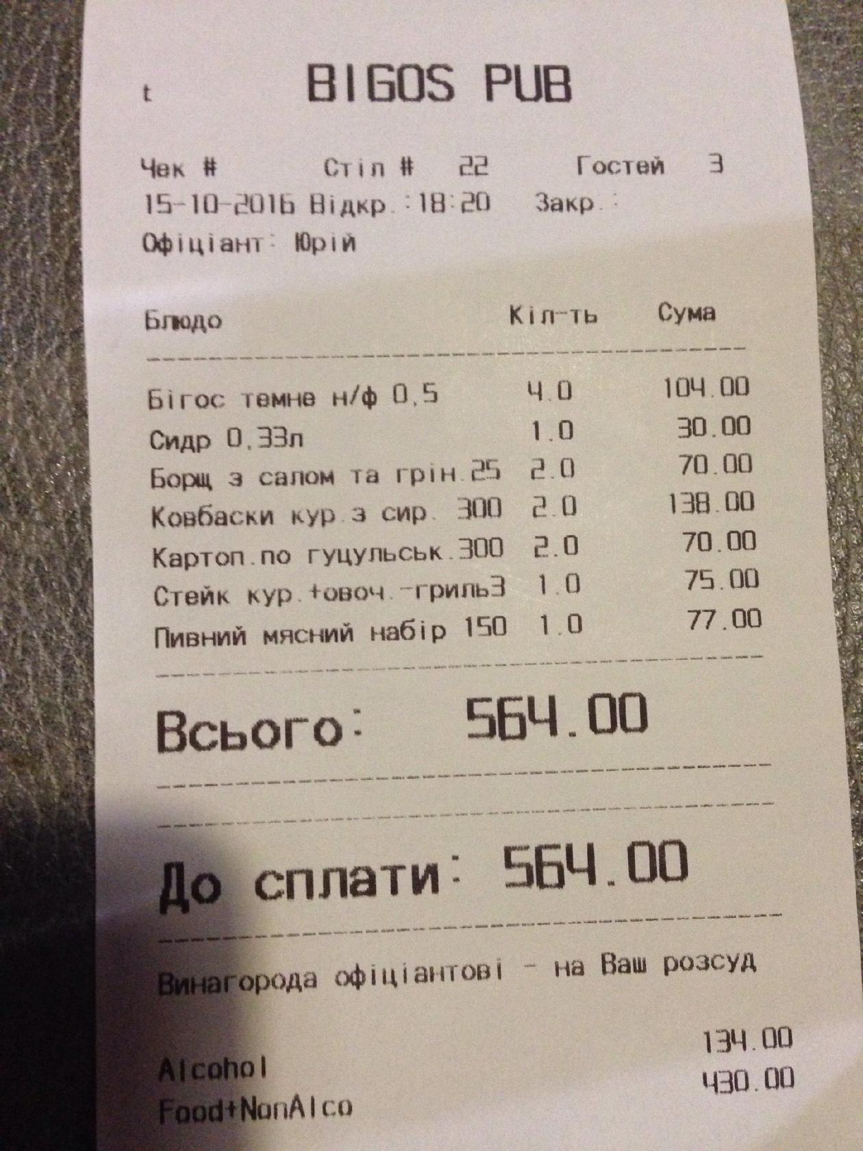 Menu at Bigos pub & bar, Lviv