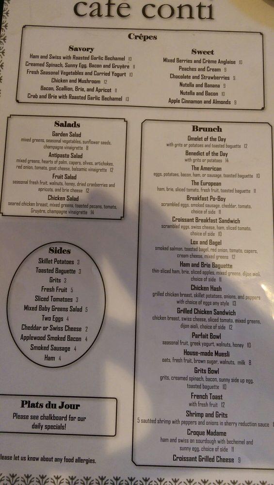 Menu at Café Conti cafe, New Orleans, 830 Conti St