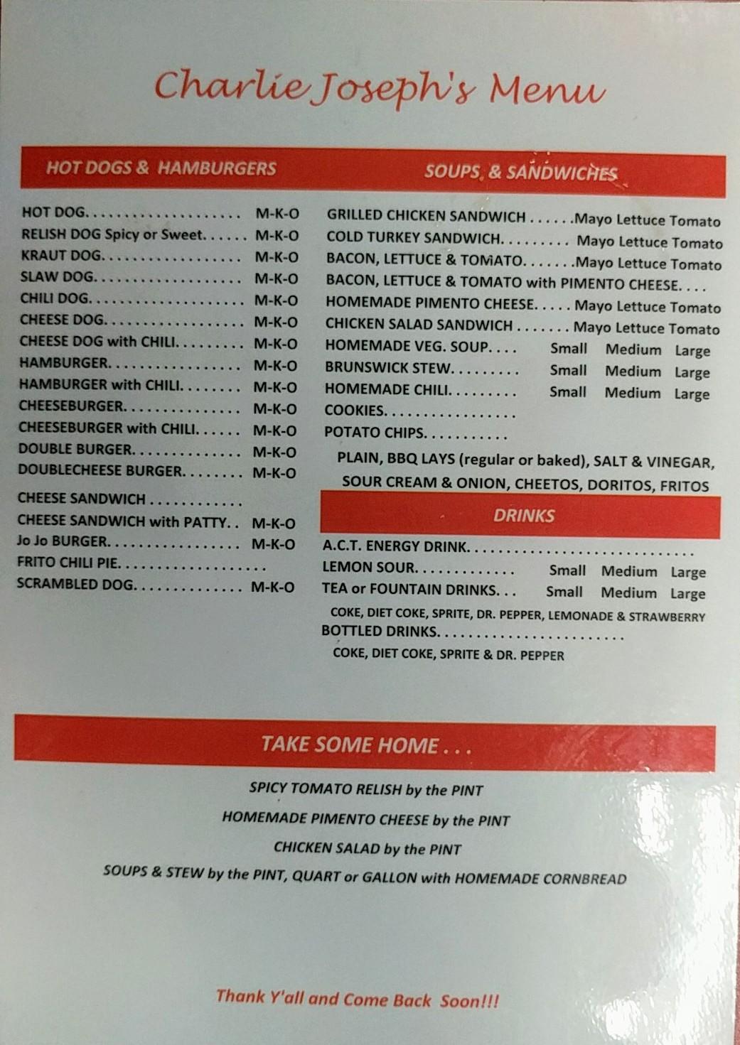 Menu at Charlie Joseph's restaurant, LaGrange, W Point Rd