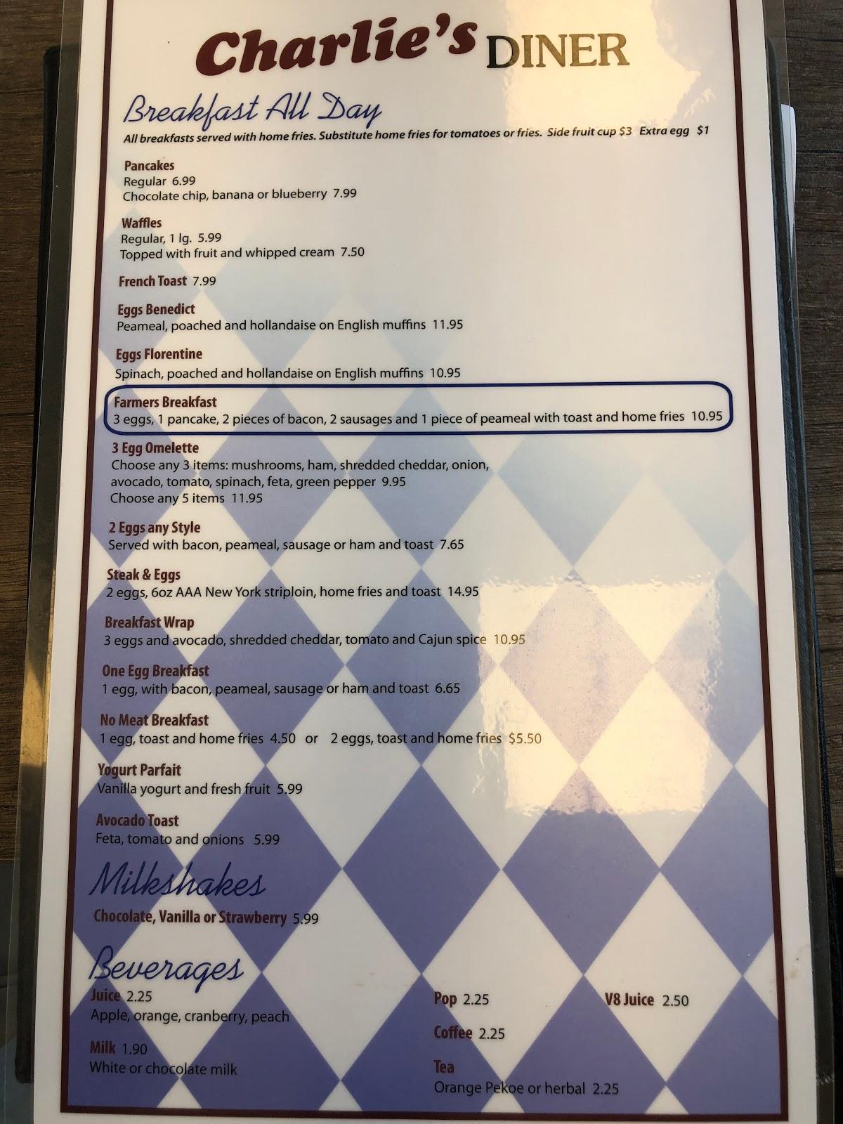 Menu at Charlie's Diner restaurant, Stayner