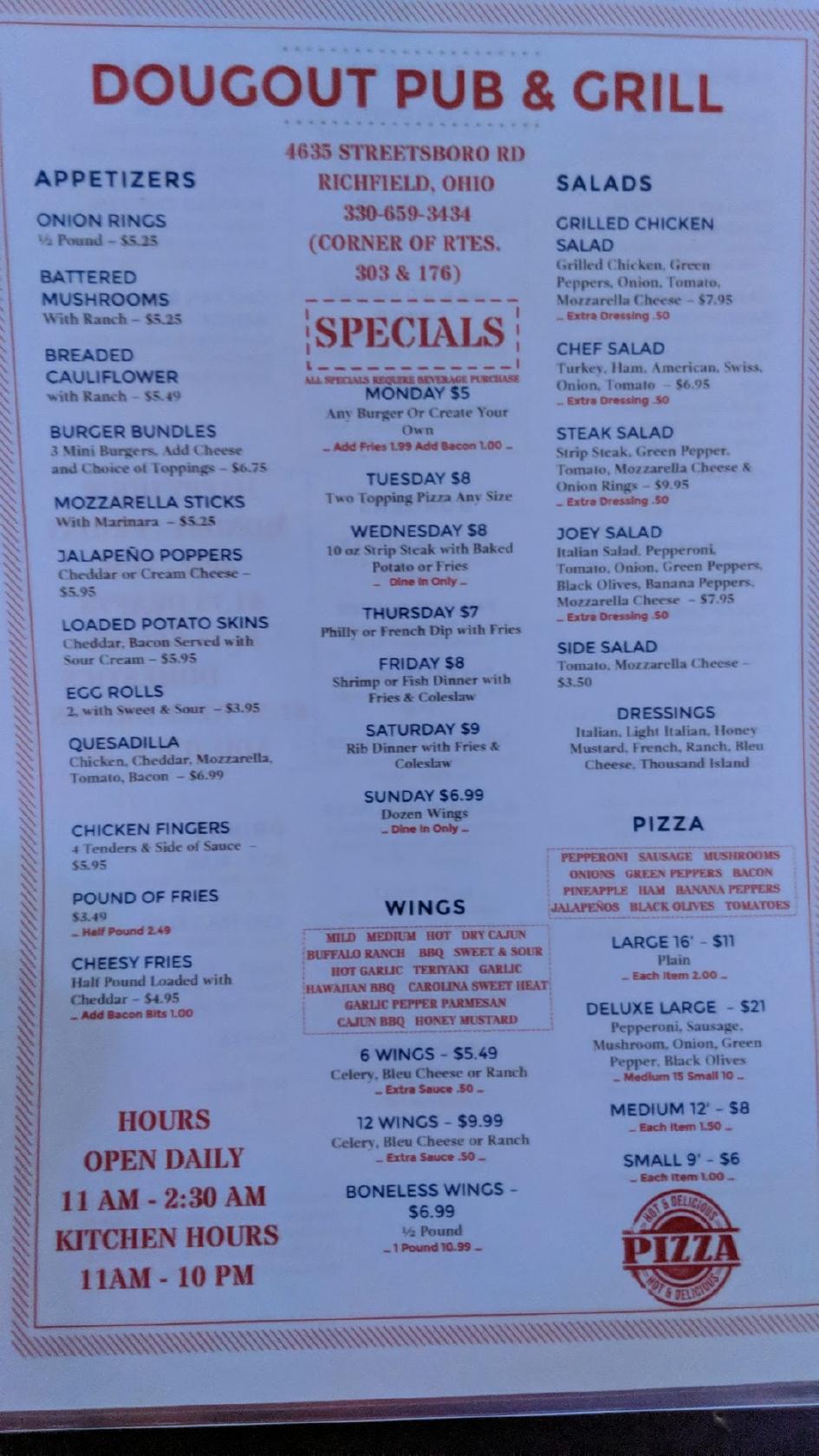Menu at Doug Out Pub & Grill, Richfield