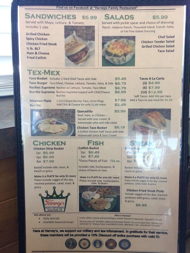 Menu at Harvey's Family Restaurant, Iowa Park