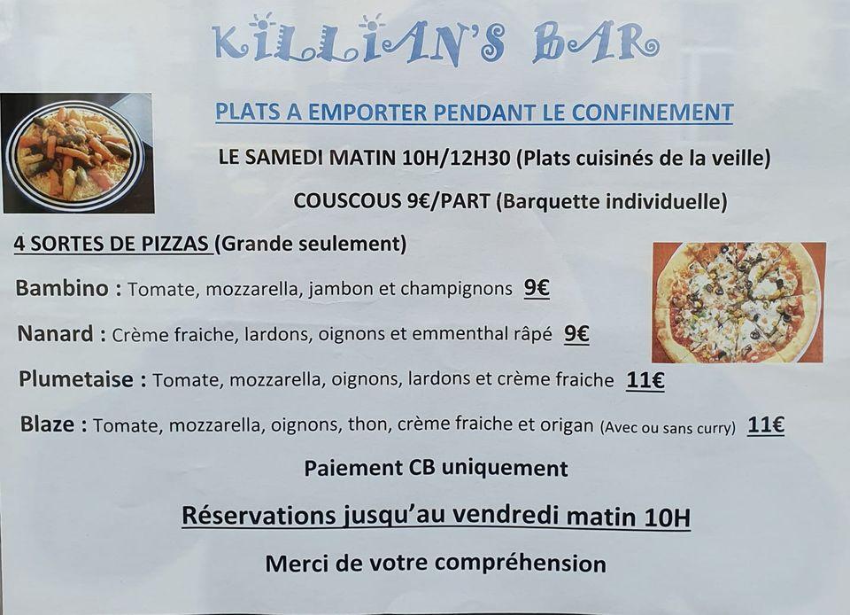 Menu at Killian's Bar, Plumieux