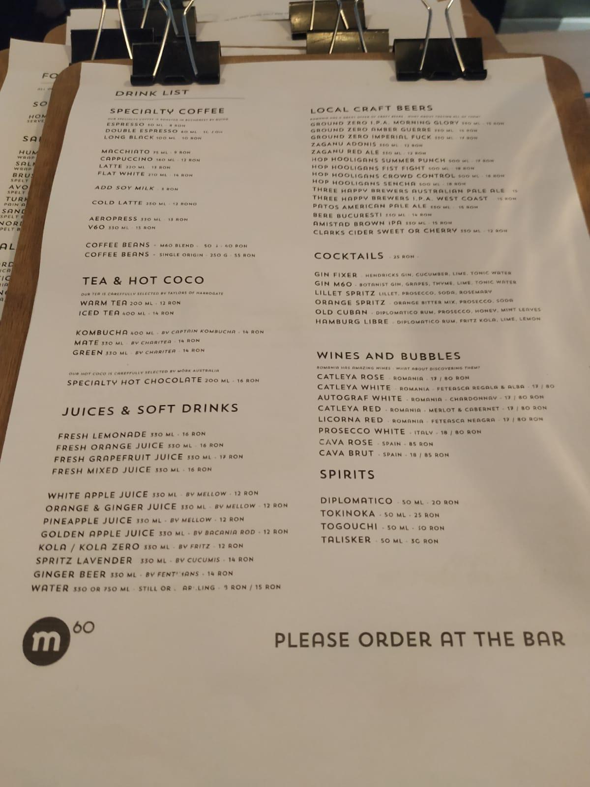 Menu at M60, Bucharest