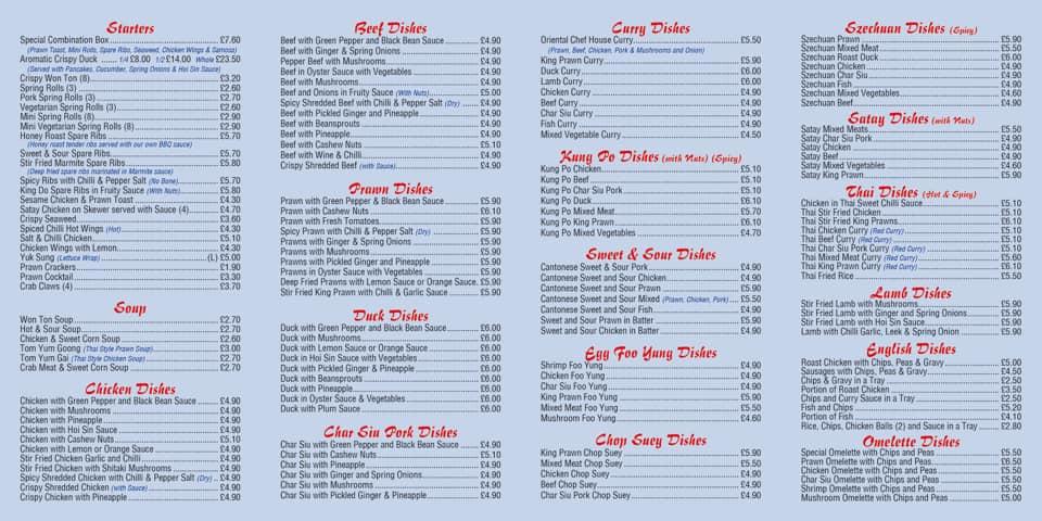 Menu at Oriental Chef fast food, Newcastle-under-Lyme, 24 The Parade