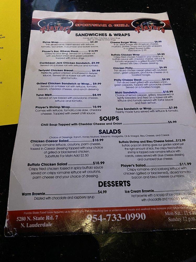 Menu at Players Sports Bar & Grill, Fort Lauderdale