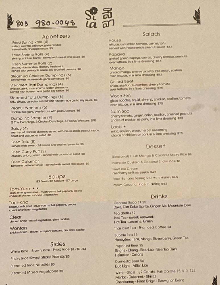 Menu at Sila Thai Restaurant, Rock Hill