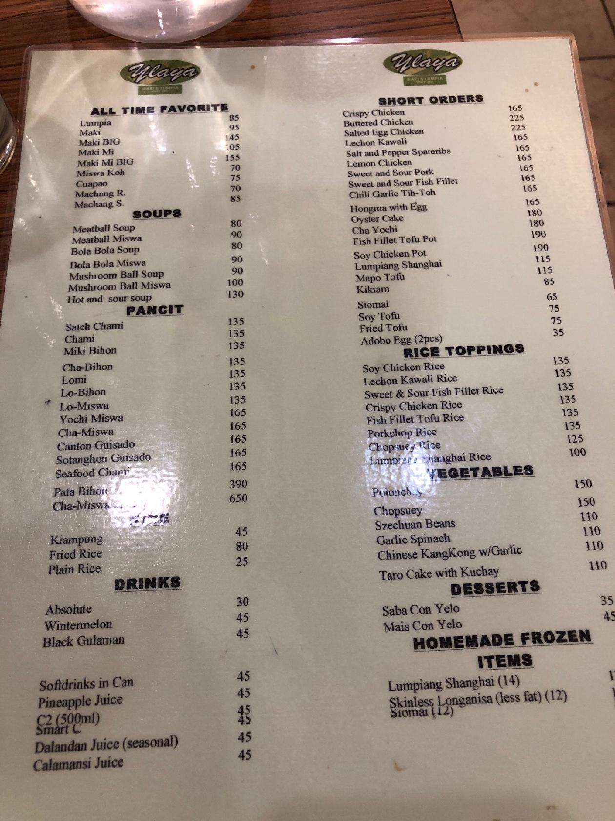 Menu at Ylaya Maki & Lumpia restaurant, Quezon City, 587 N.S. Amoranto ...
