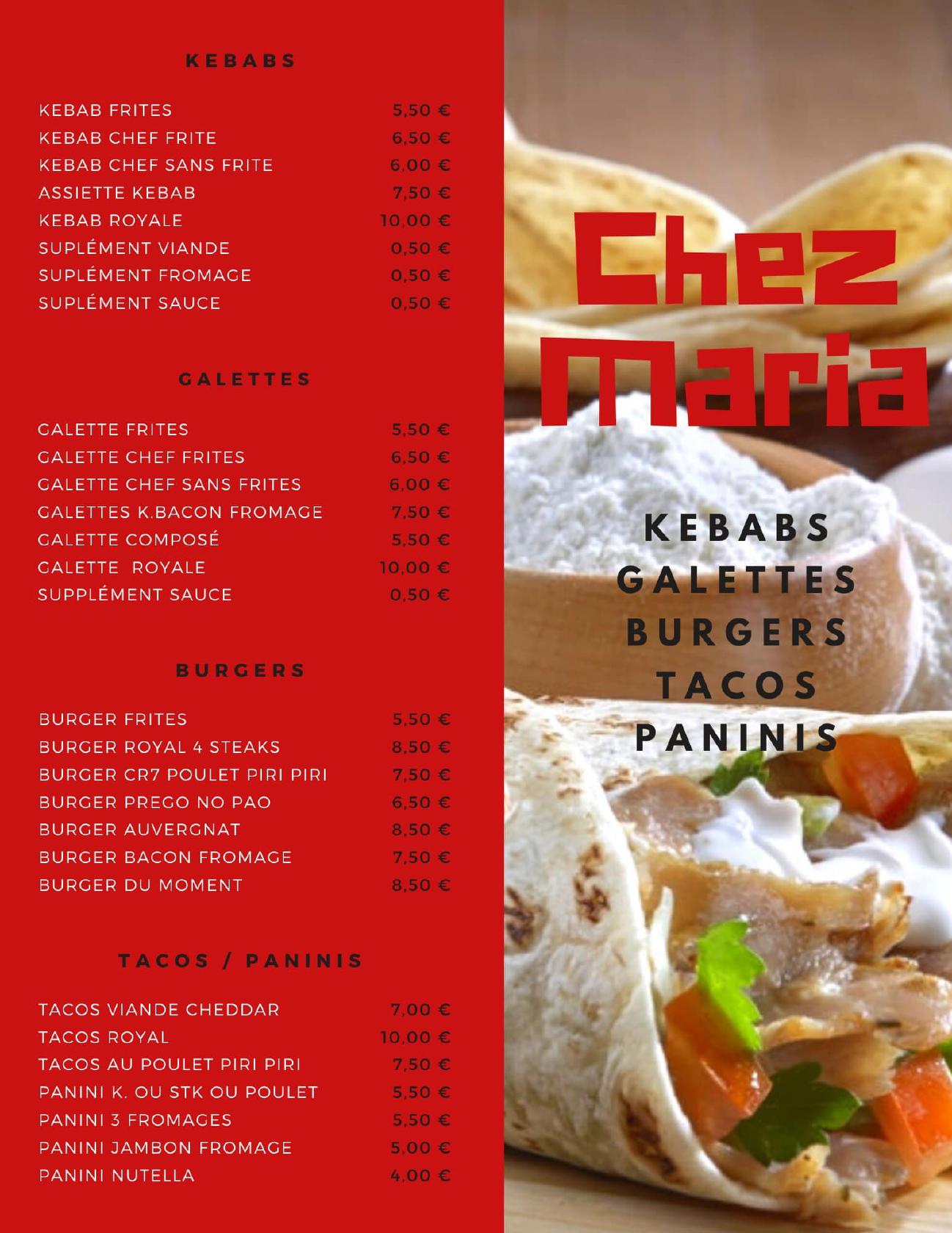 Menu at CHEZ MARIA 63 restaurant, Les Martres-de-Veyre