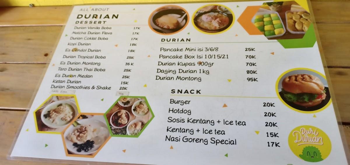 Menu at Duri Durian restaurant, Bandung