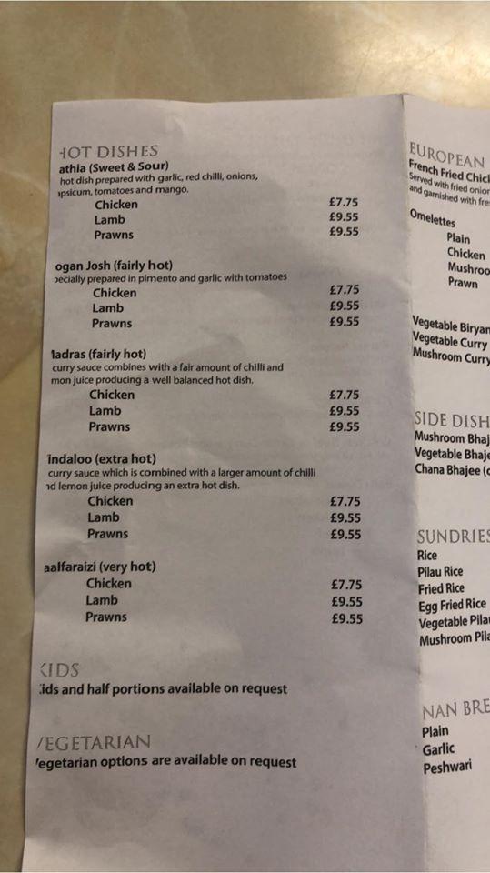 Menu at Raba Indian Restaurant, Lerwick