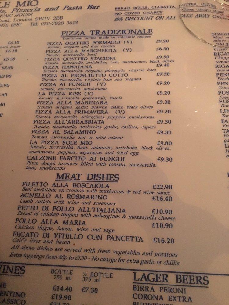Menu at O'Sole Mio restaurant, London