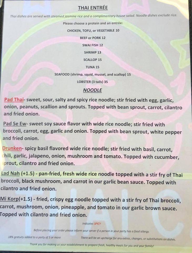 Menu at Pad Thai Cafe, Murfreesboro